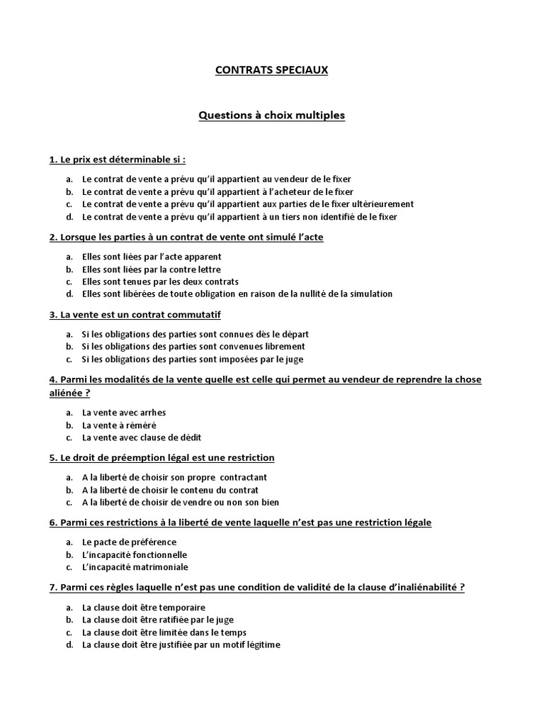 Contrats Spéciaux : Questions et Réponses | PDF | Sodles | Droit privé