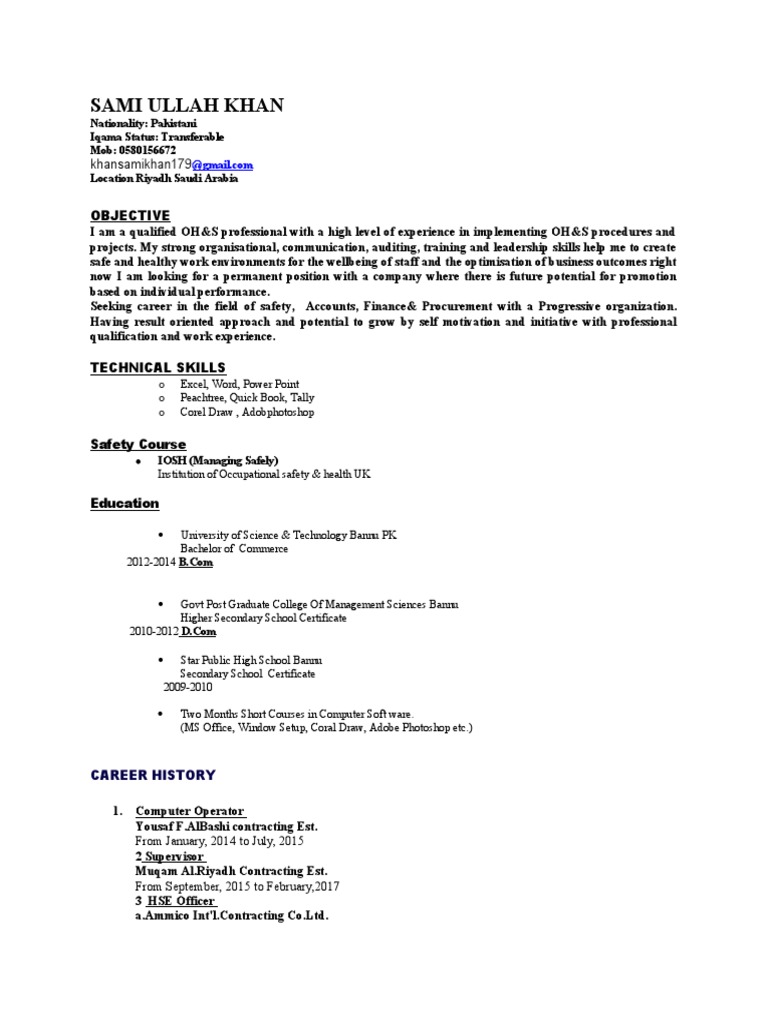 Sami Ullah Khan: Khansamikhan179 Objective | PDF | Occupational Safety And Health | Safety