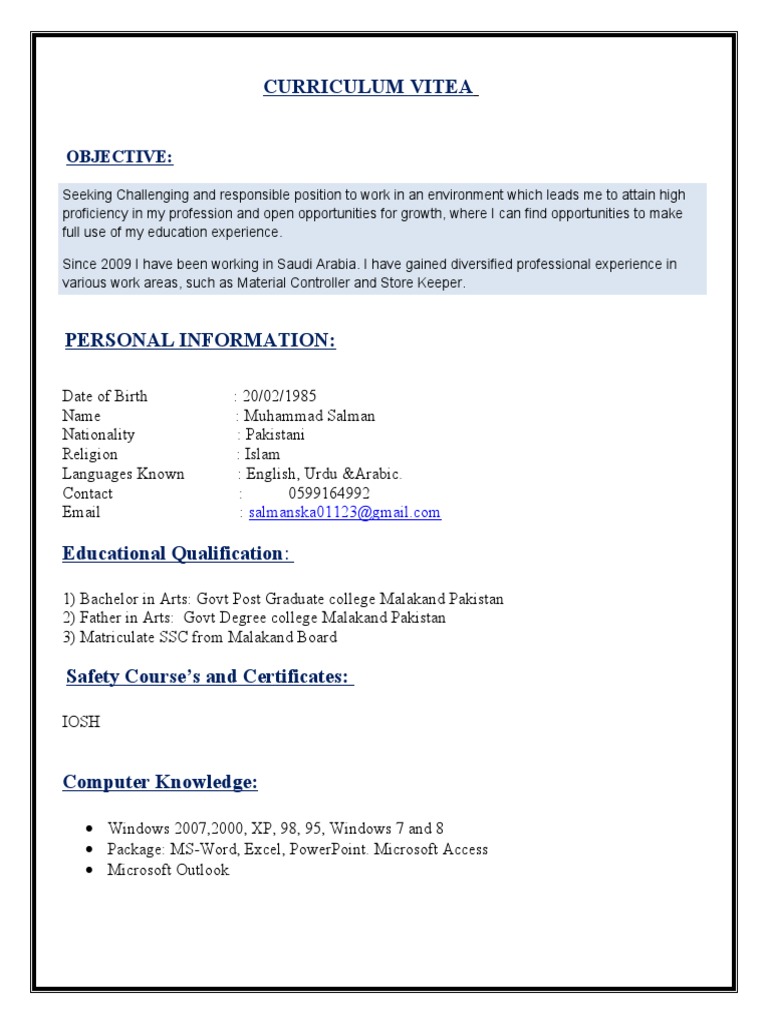 Salman CV For Storekeeper | PDF | Supply Chain | Procurement