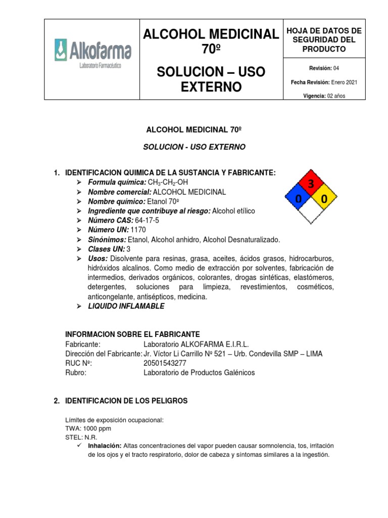 Alcohol Medicinal 70% de 1000 ML - Alkofarma | PDF | Etanol | Agua