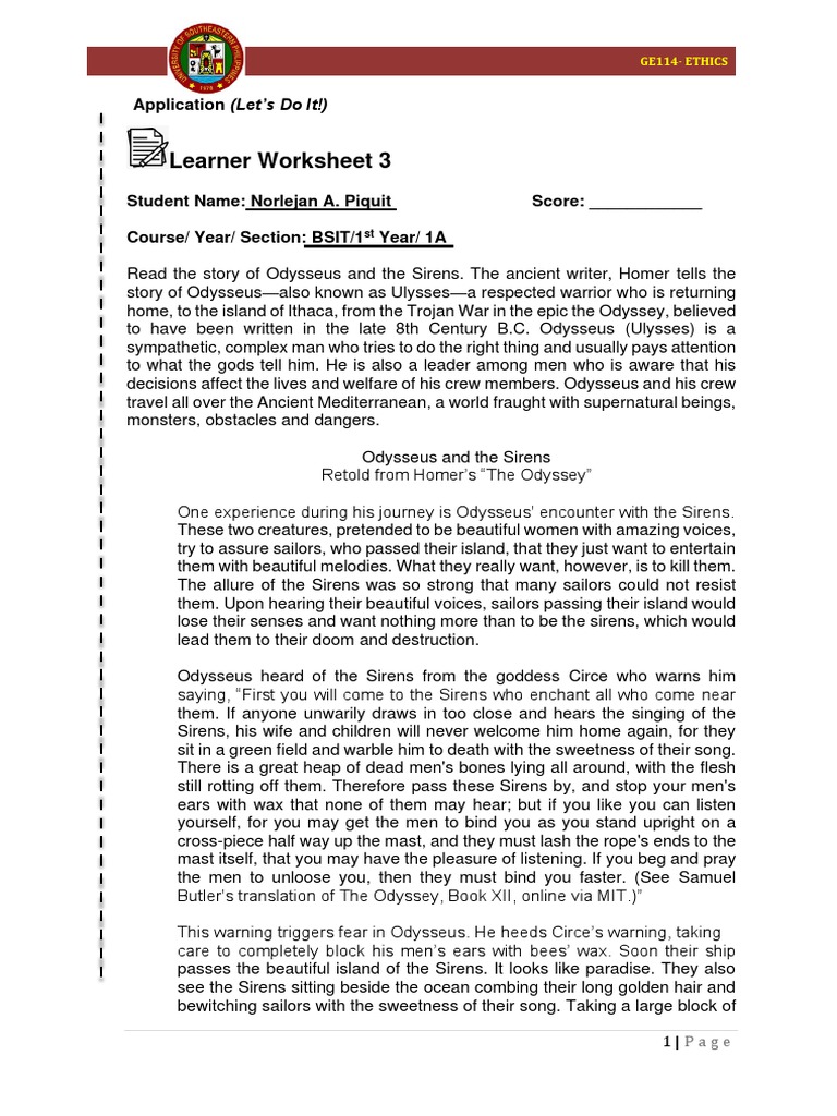 Learner Worksheet 3: Application | PDF | Odysseus | Odyssey
