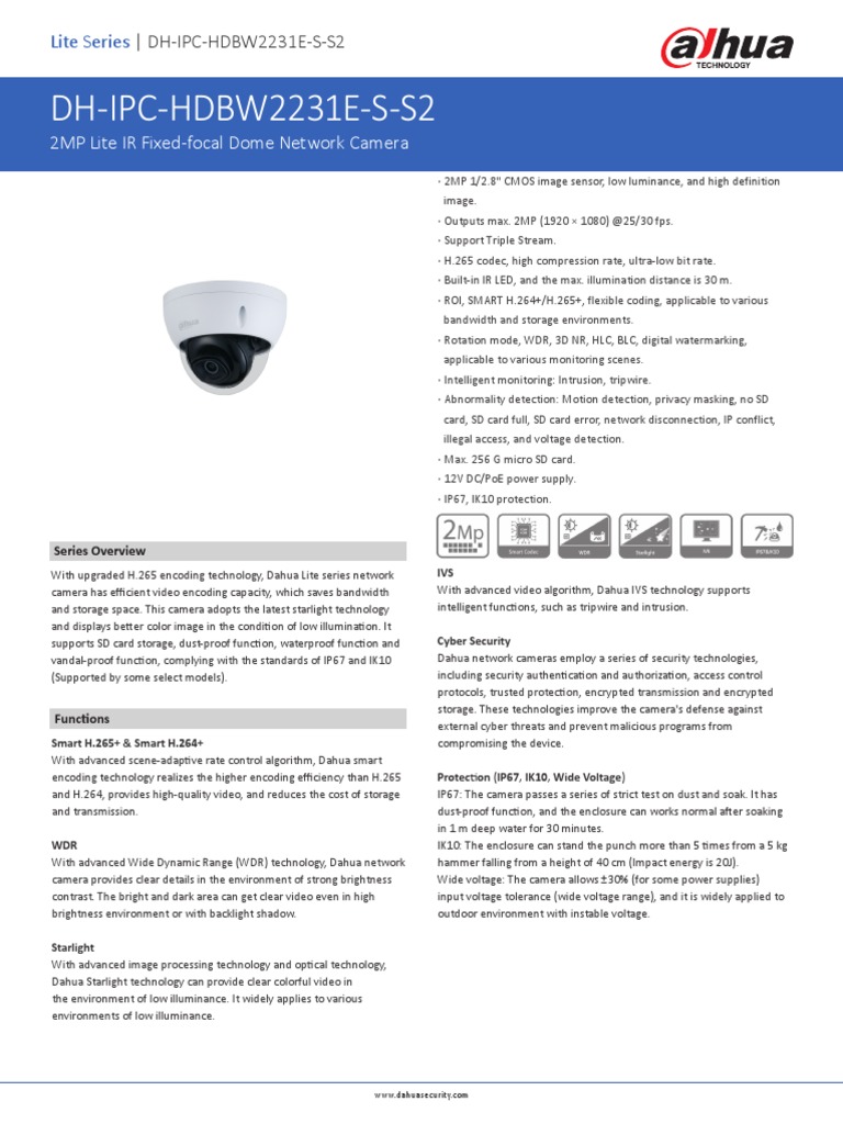 DH-IPC-HDBW2231E-S-S2: 2MP Lite IR Fixed-Focal Dome Network Camera | PDF | Data Compression ...
