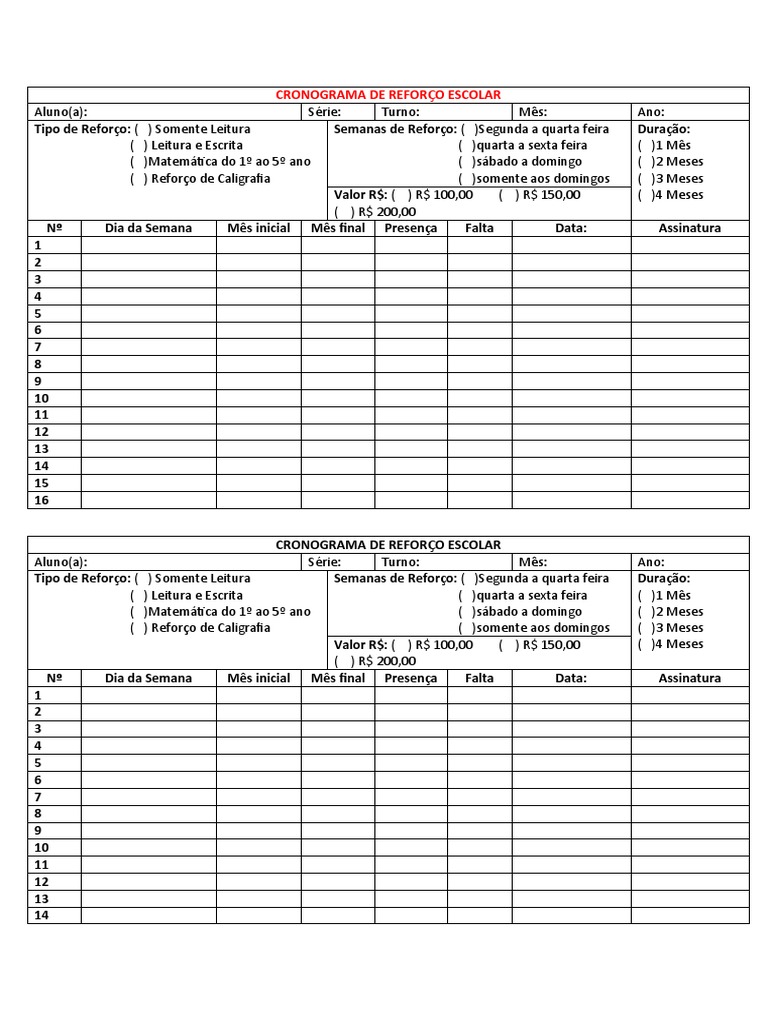 Cronograma de Reforço Escolar | PDF