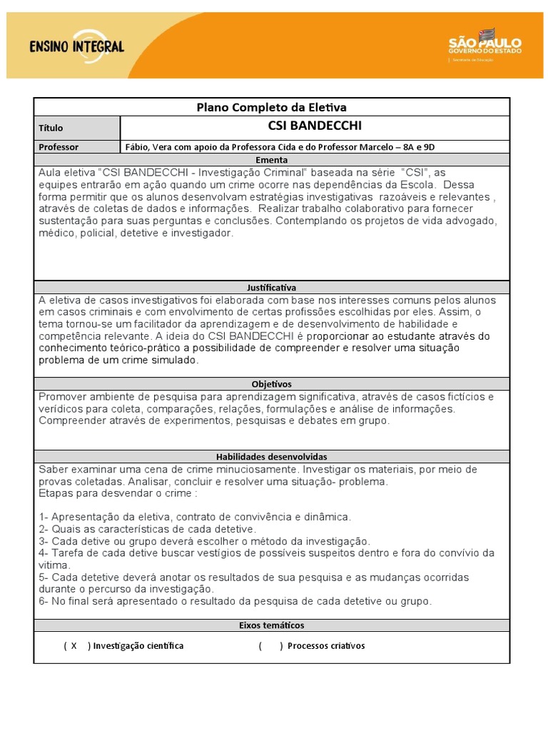 Formulário de Ementa de Eletiva 'Plano - de - Eletiva Modelo' Com Você | PDF | Aprendizado ...