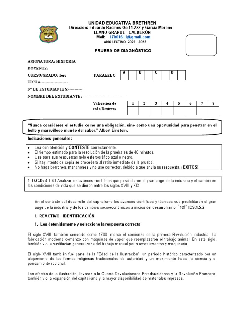 Prueba Diagnóstica de Historia 1ero 2022-2023 | PDF | Globalización ...