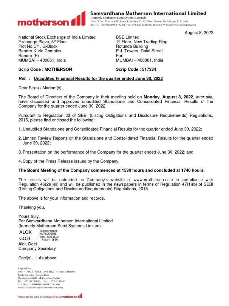 Samvardhana Motherson International Limited: Scrip Code: MOTHERSON ...