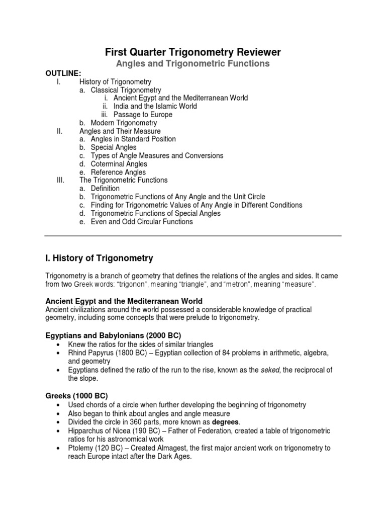 TRIGONOMETRY - 1st Quarter Reviewer | PDF | Trigonometry ...