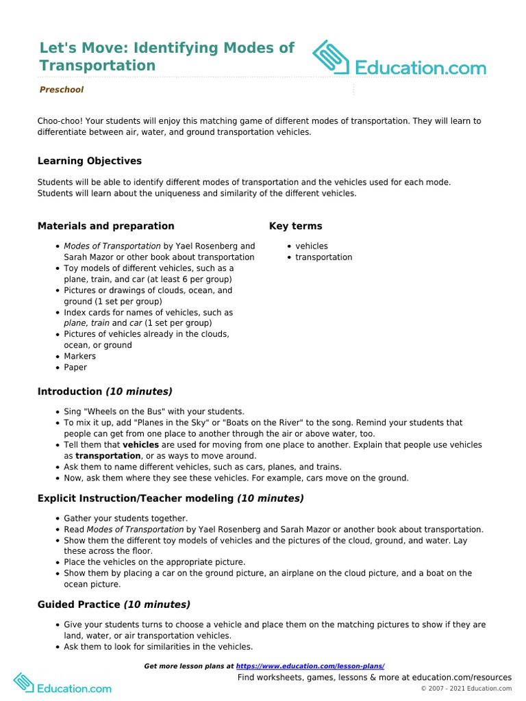 Let's Move: Identifying Modes of Transportation: Learning Objectives ...