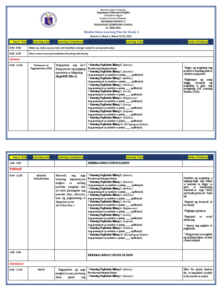 Weekly Home Learning Plan for Grade 1 | PDF