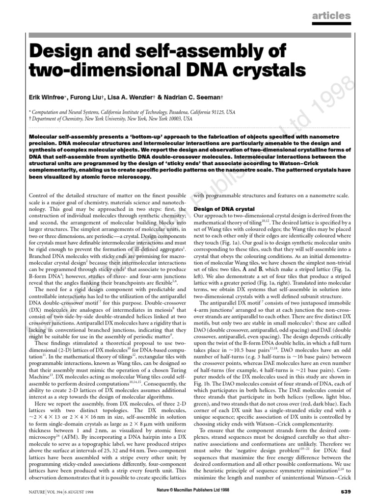Winfree E, Et Al. Design and Self-Assembly of Two-Dimensional DNA ...