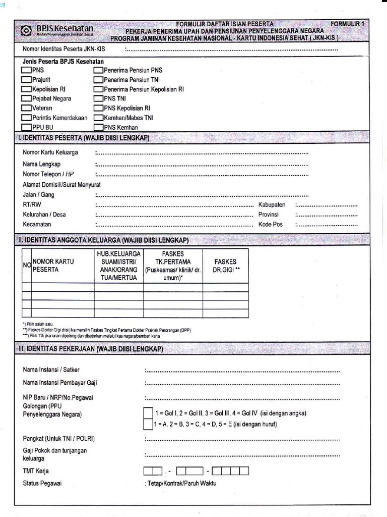 Formulir 1 BPJS Kes (Print Bolak Balik Dalam 1 Lembar) | PDF ...