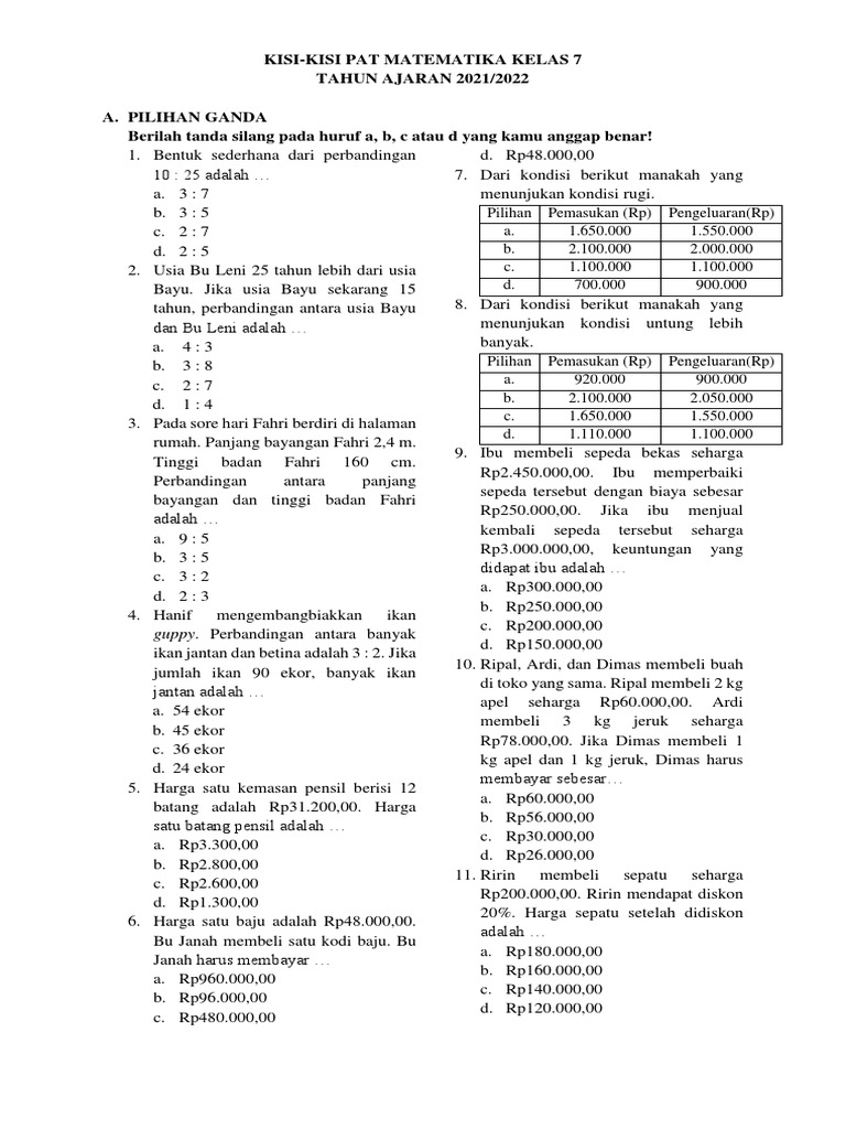 Kisi-Kisi Pat MTK Kelas 7 | PDF