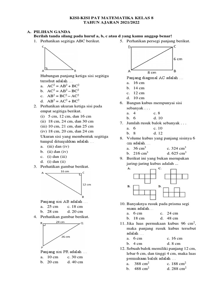 Kisi-Kisi Pat MTK Kelas 8 | PDF