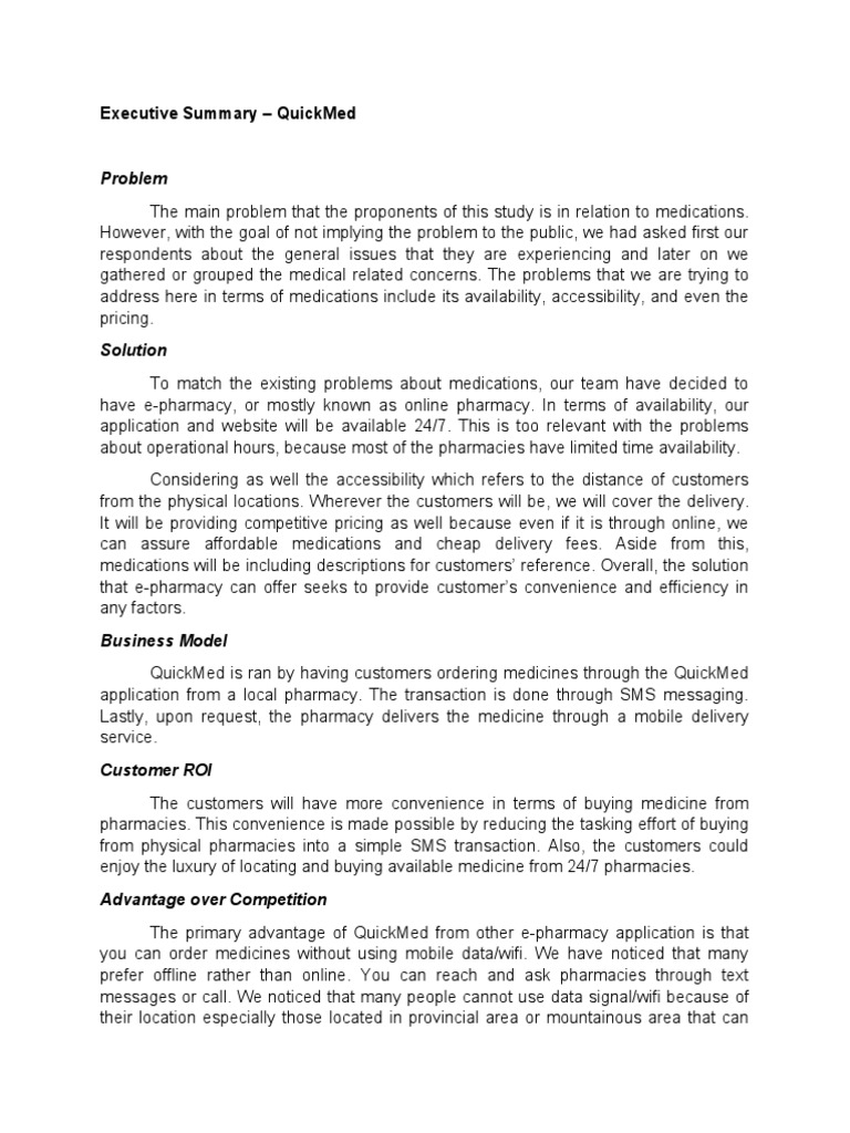 Problem: Executive Summary - Quickmed | PDF | Online And Offline ...
