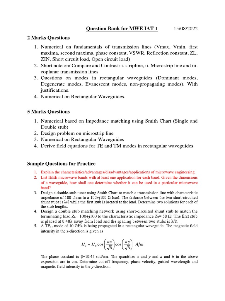 Question Bank For MWE IAT 1 | PDF | Transmission Line | Waveguide