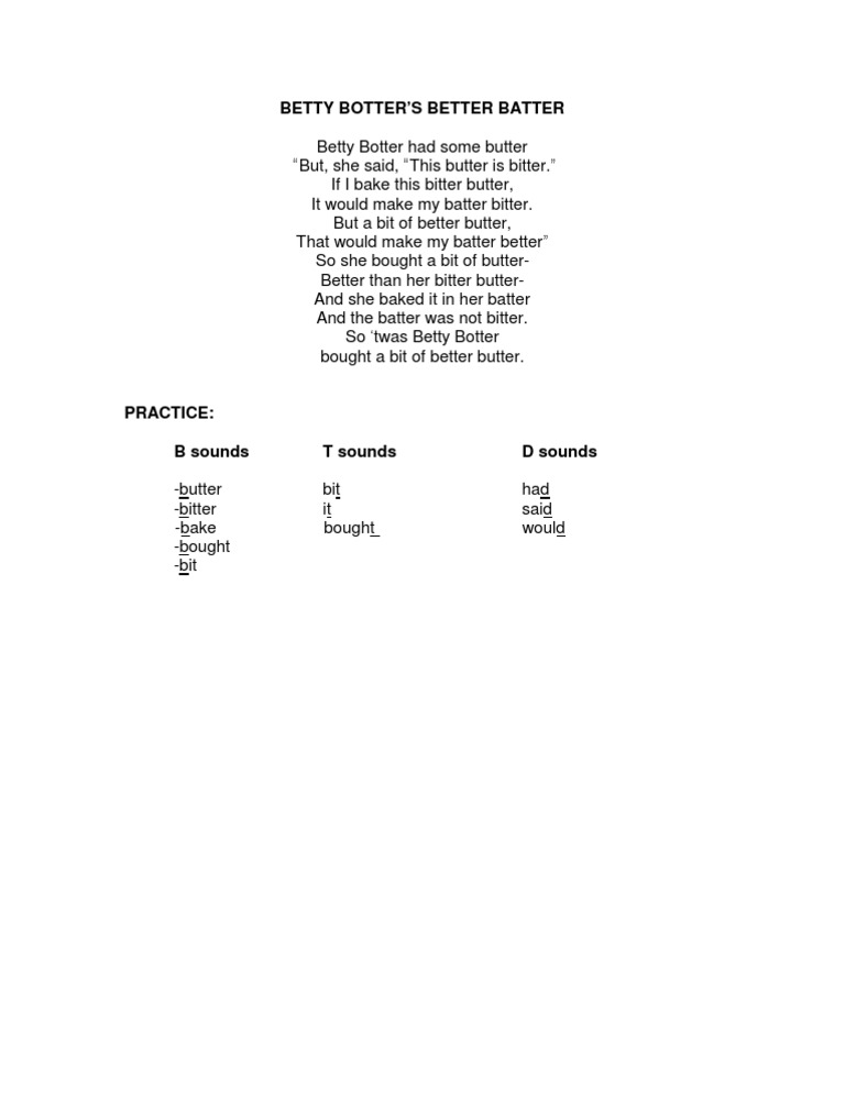 Betty Botter's Better Butter Rhyme | PDF | Cooking | Baking