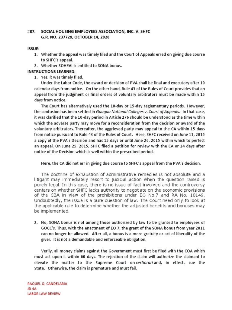 #87 - Social Housing Employees Ass. vs. SHFC | PDF | Appeal | Law Of ...