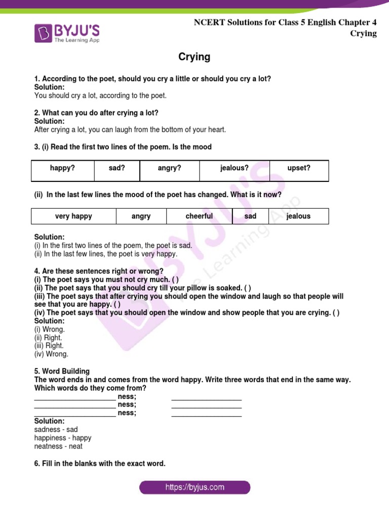 NCERT Solutions Class 5 English Chapter 4 Crying | PDF
