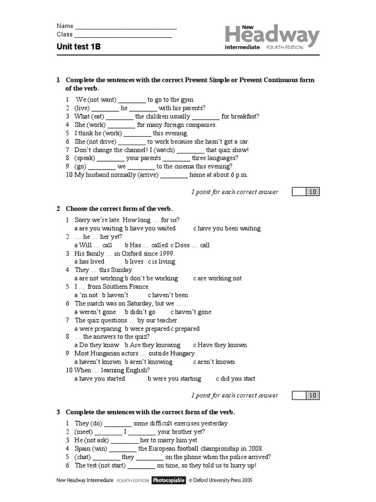 Unit Test 1B: 1 Complete The Sentences With The Correct Present Simple ...