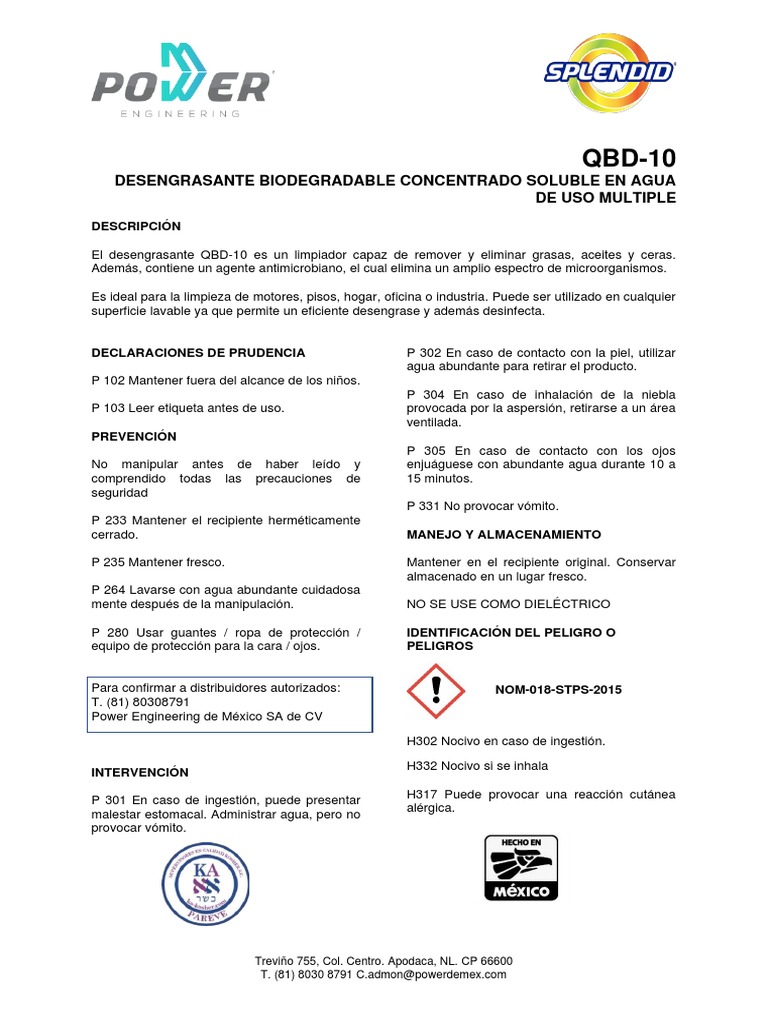 QBD-10 Desengrasante Multiusos Hoja Seguridad VF | PDF | Agua | Solubilidad