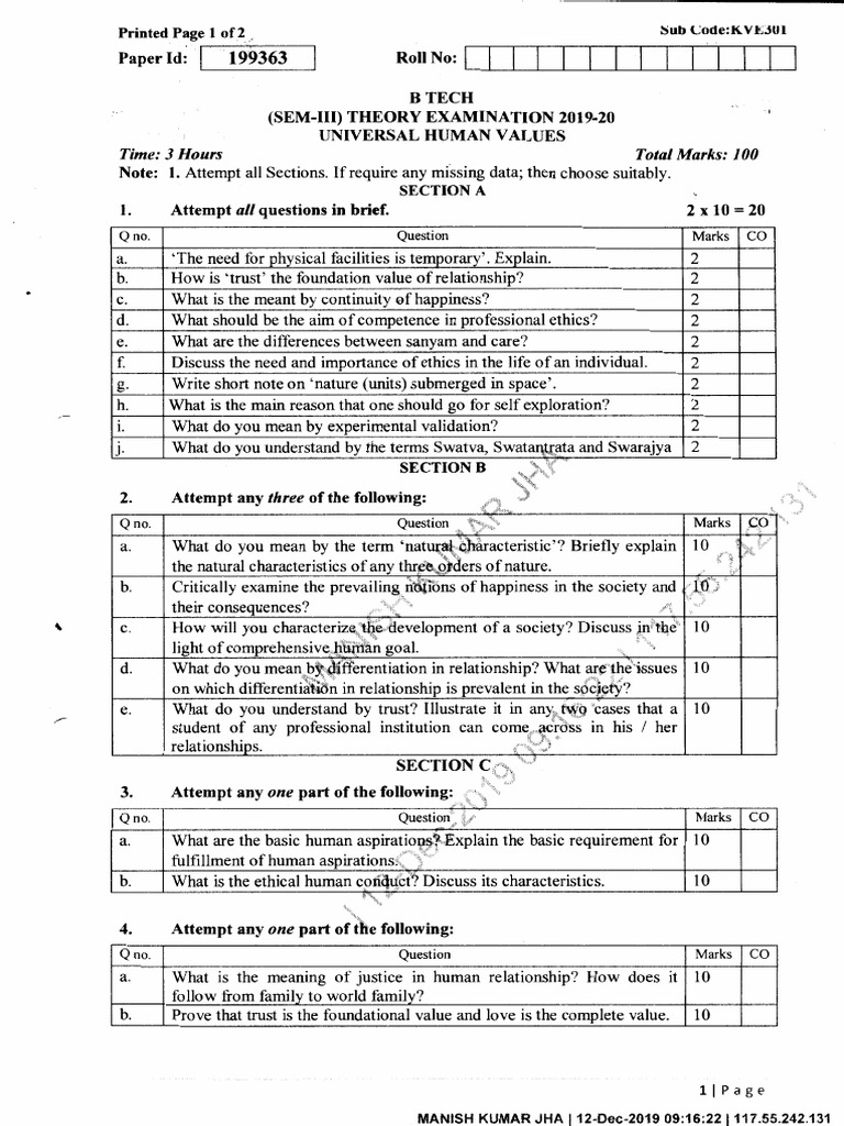 Universal Human Values Kve 301 | PDF