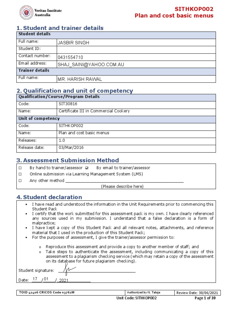 Student and Trainer Details: Jasbir Singh 0431554710 Mr. Harish Rawal | PDF | Menu | Food And Drink