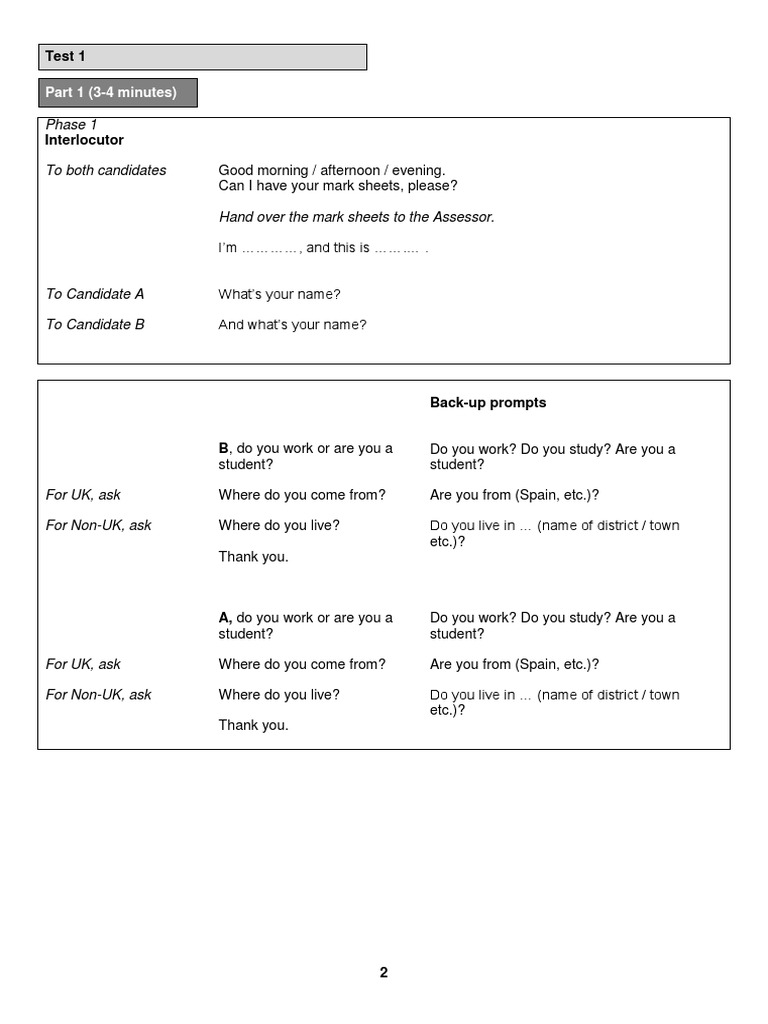 A2 Key 2020 Sample Tests Speaking | PDF
