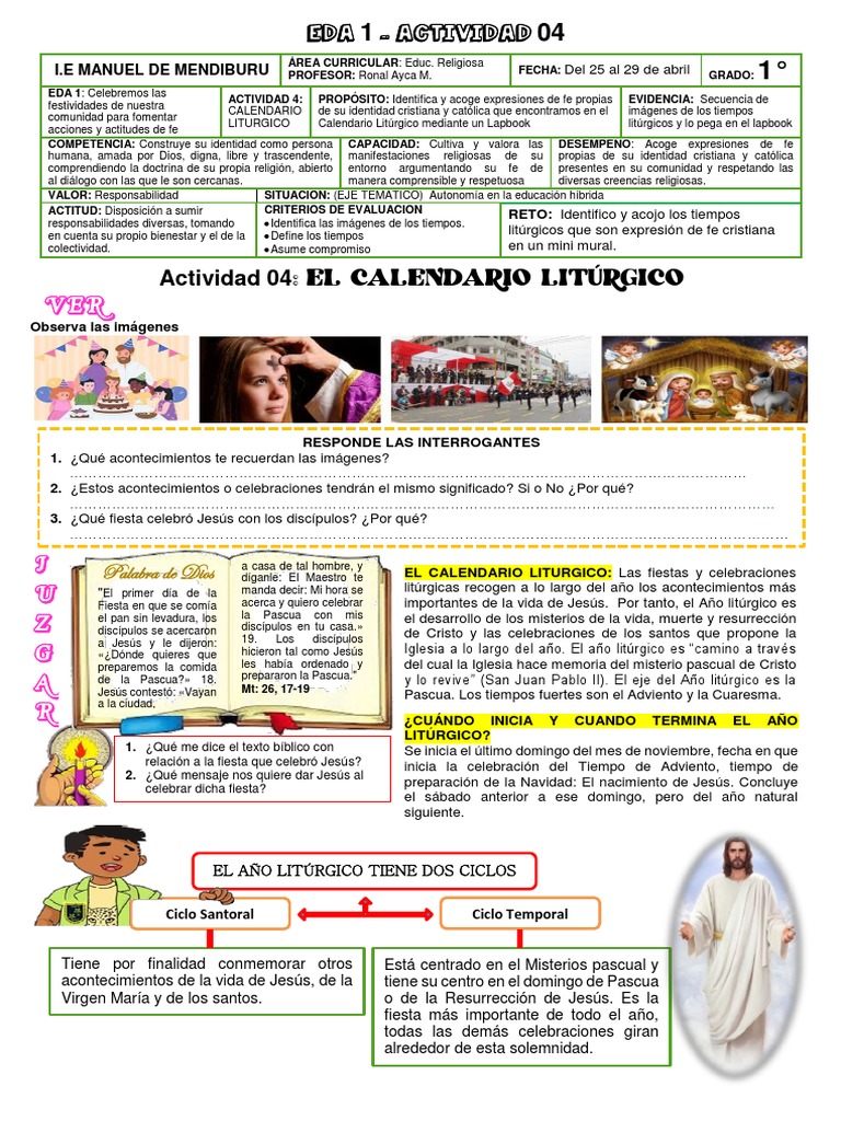 1° Eda 1 - Act 04 Calendario Liturgico | PDF | Año litúrgico | Pascua de Resurrección
