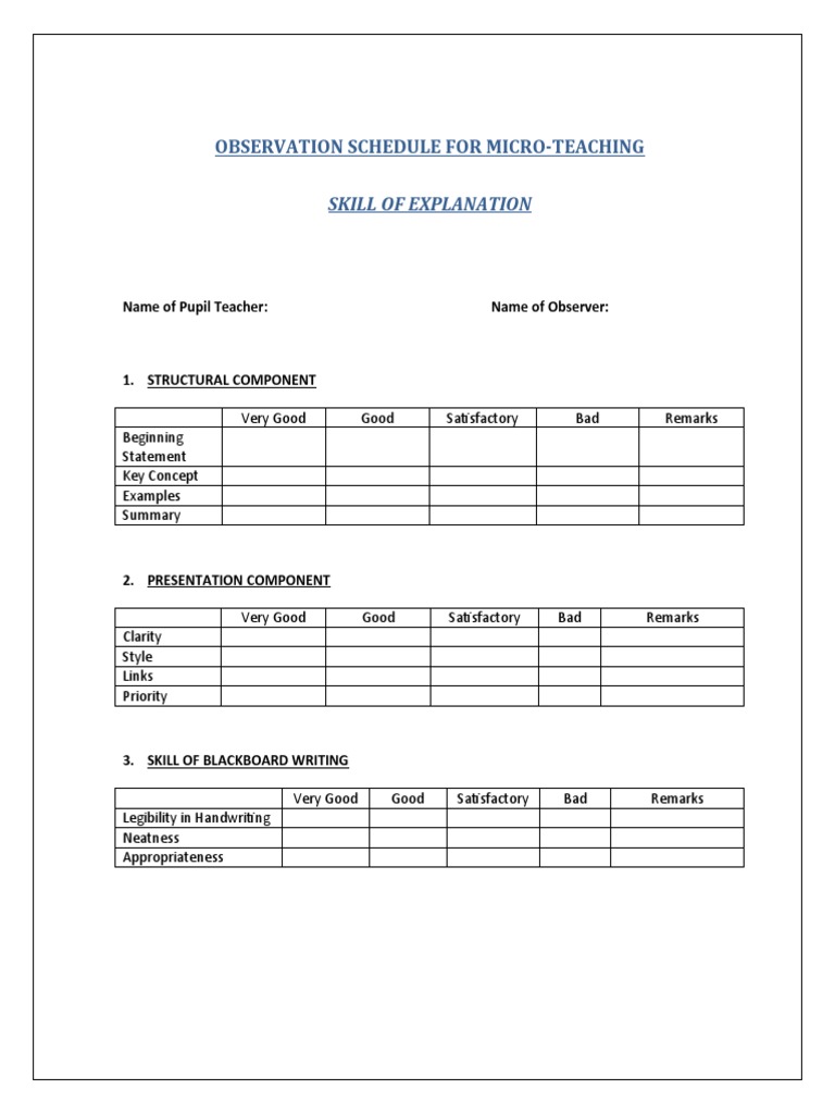 OBSERVATION SCHEDULE FOR Micro Teaching | PDF