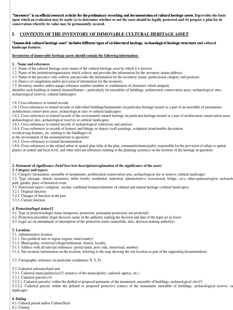 I. Contents of The Inventory of Immovable Cultural Heritage Asset | PDF