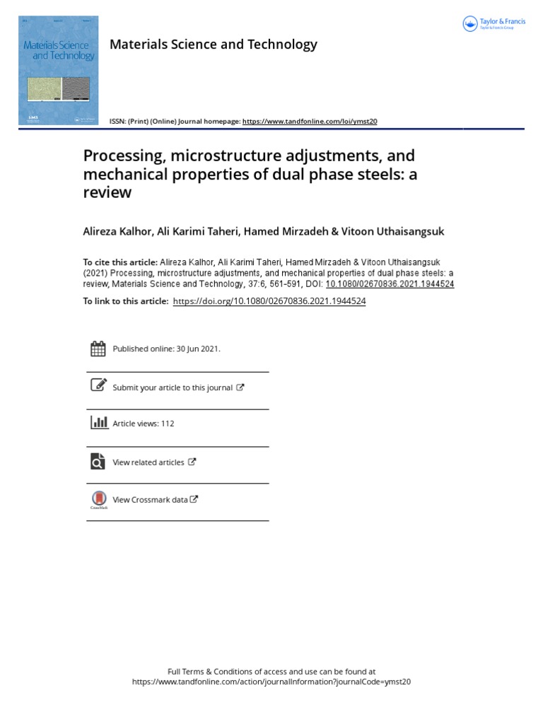 Processing Microstructure Adjustments and Mechanical Properties of Dual Phase Steels - A Review ...