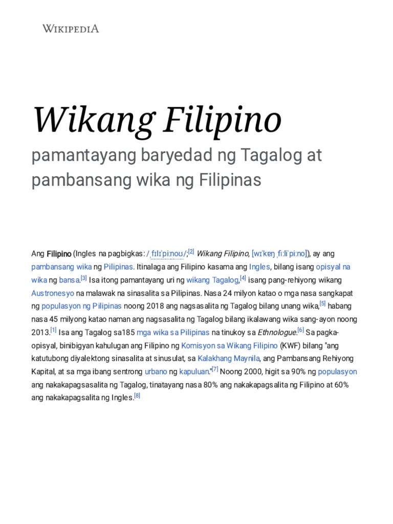 Wikang Filipino - Wikipedia, Ang Malayang Ensiklopedya | PDF
