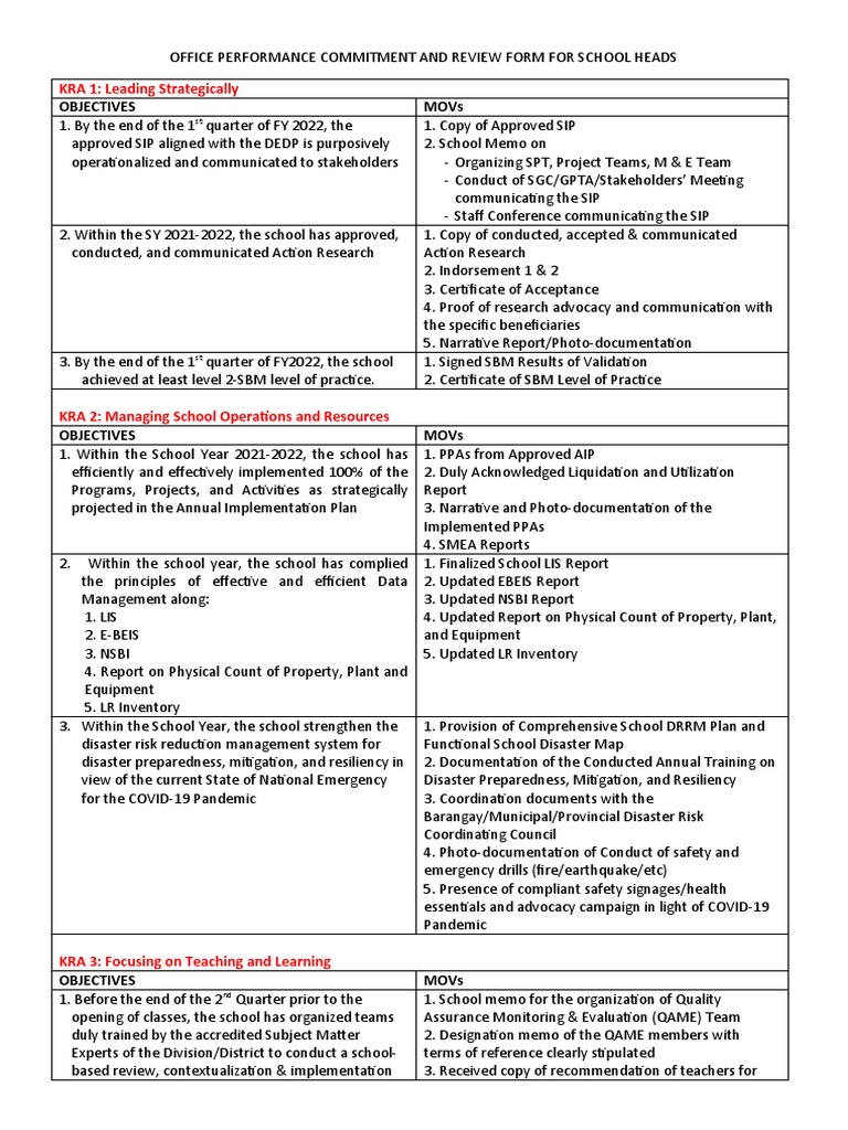 Objectives Movs: KRA 1: Leading Strategically | PDF | Emergency ... Objectives Movs: KRA 1: Leading Strategically | PDF | Emergency ...
