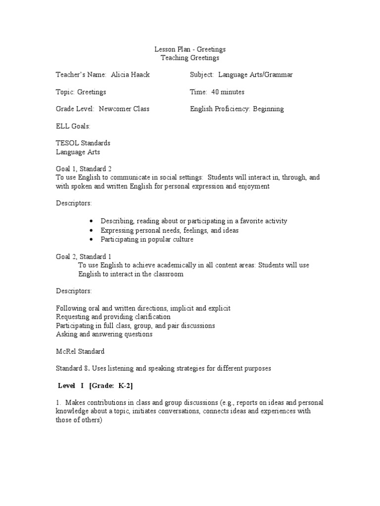 Greetings Lesson Plan | Download Free PDF | Conversation | Lesson Plan