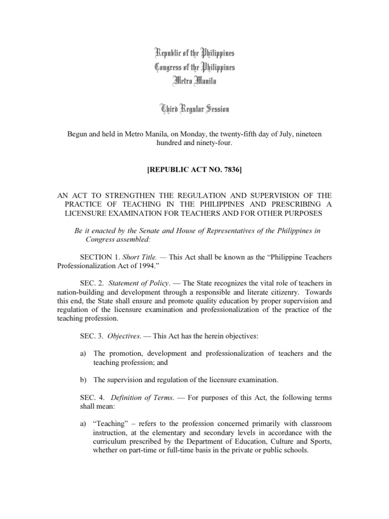 Philippine Teachers Professionalization Act | PDF | Licensure | Profession
