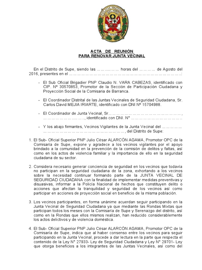 Acta de Renovacion de Junta Vecinal | PDF | Policía | Violencia doméstica