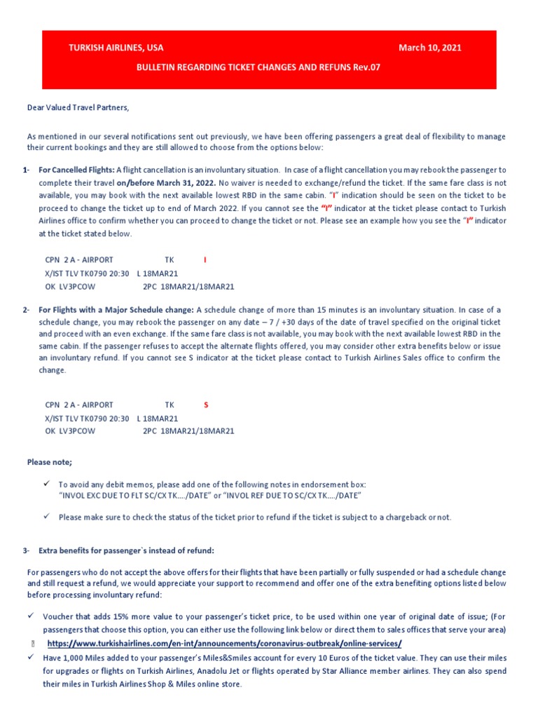 Turkish Airlines Revised Bulletin Regarding Ticket Change and Refund ...