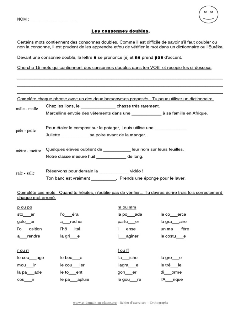 Exercices sur les consonnes doubles CM2 | PDF | Linguistique | Langues