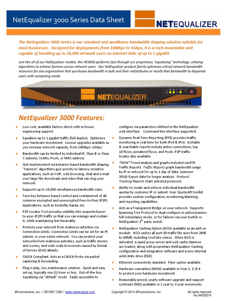 NetEqualizer 3000 Series Data Sheet | PDF | Computer Network | Ip Address