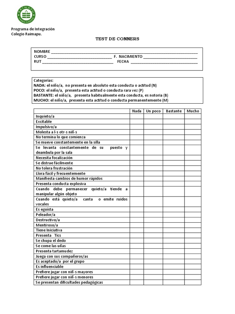 Test de Conners | PDF | Sicología | Conceptos psicologicos