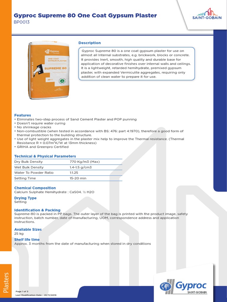 Gyproc Supreme 80 One Coat Gypsum Plaster | PDF | Plaster | Drywall