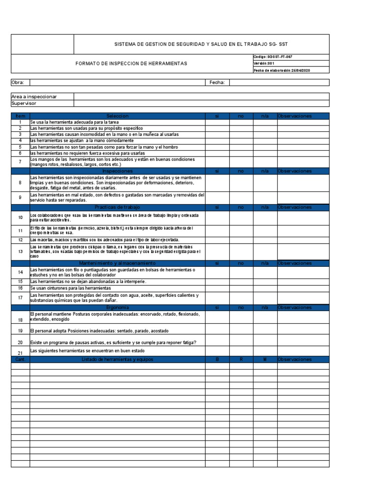 Formato de Inspeccion de Herramientas Manuales | PDF | Factores humanos ...