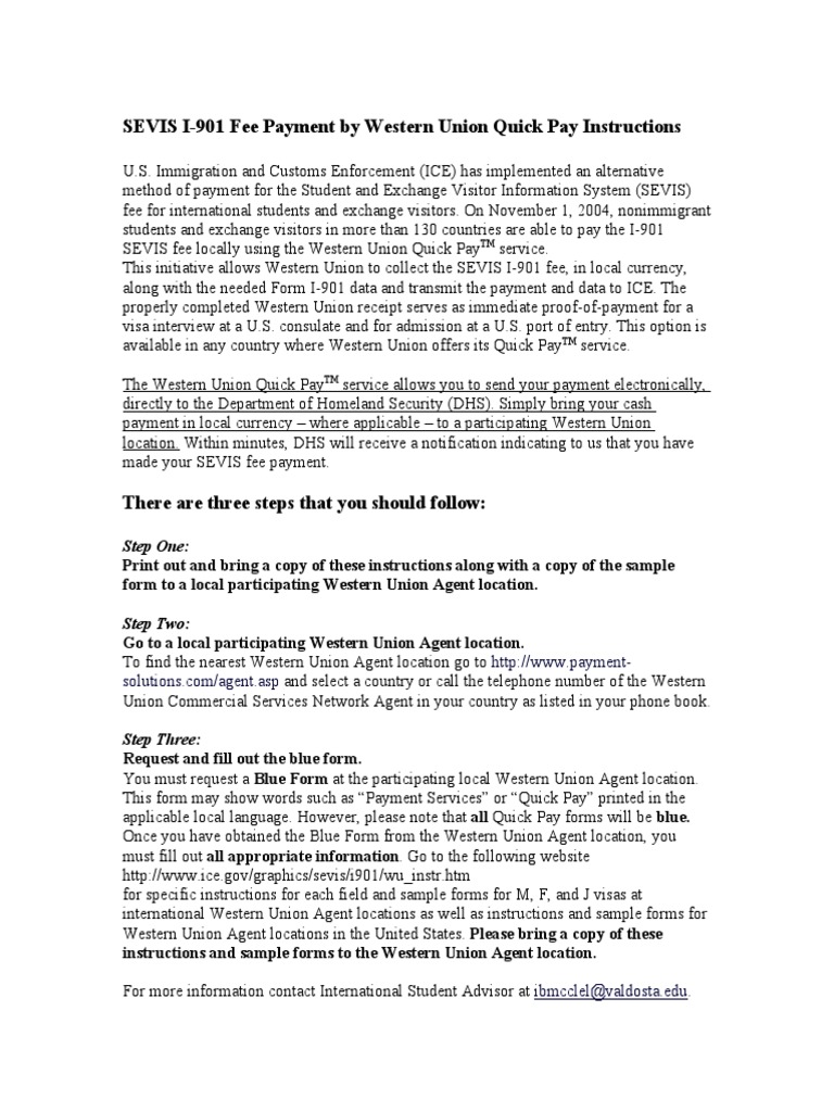 SEVIS I-901 Fee Payment by Western Union Quick Pay Instructions | PDF | Western Union | Service ...
