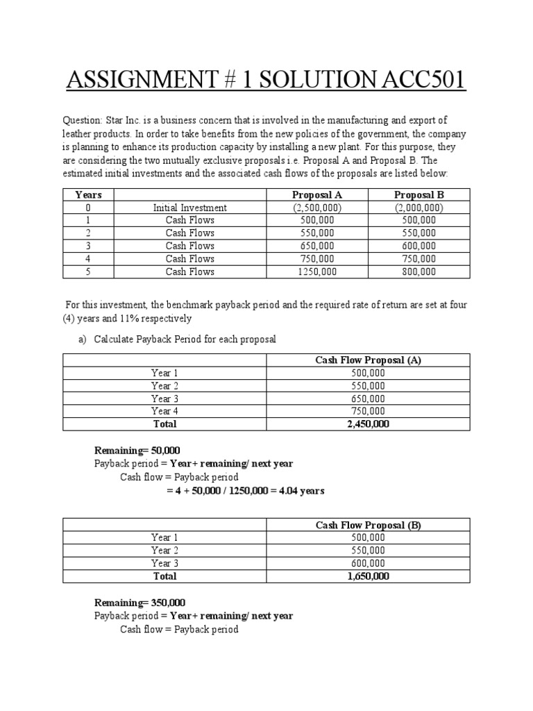 Assignment # 1 Solution Acc501: Years Proposal A Proposal B | PDF | Net ... Assignment # 1 Solution Acc501: Years Proposal A Proposal B | PDF | Net ...