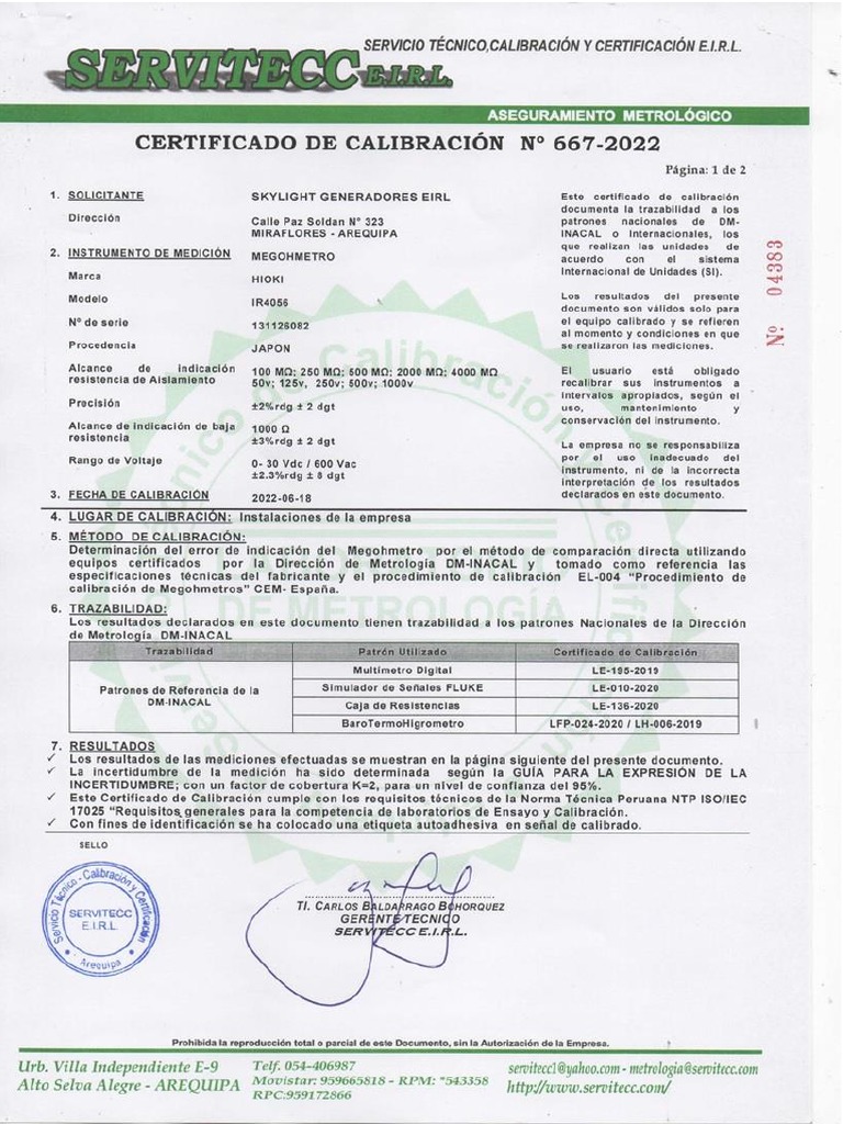 Certificado de Calibracion Multimetro - Servitecc Eirl105 | PDF