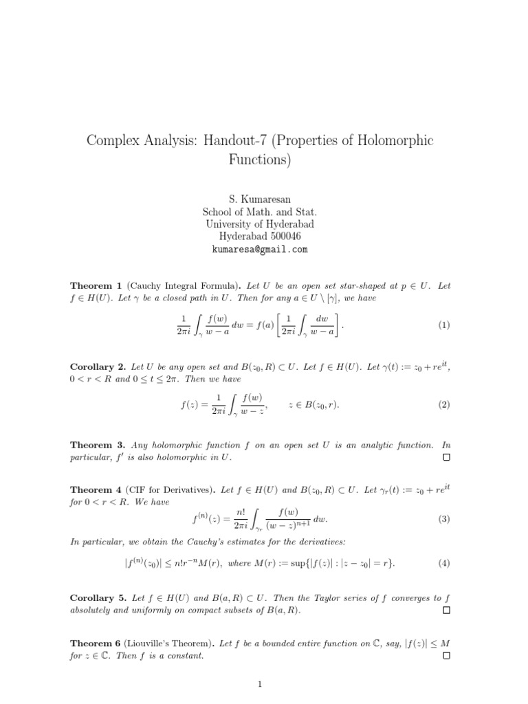 Complex Analysis Handout 7 Properties of Holomorphic Functions | PDF | Complex Analysis ...