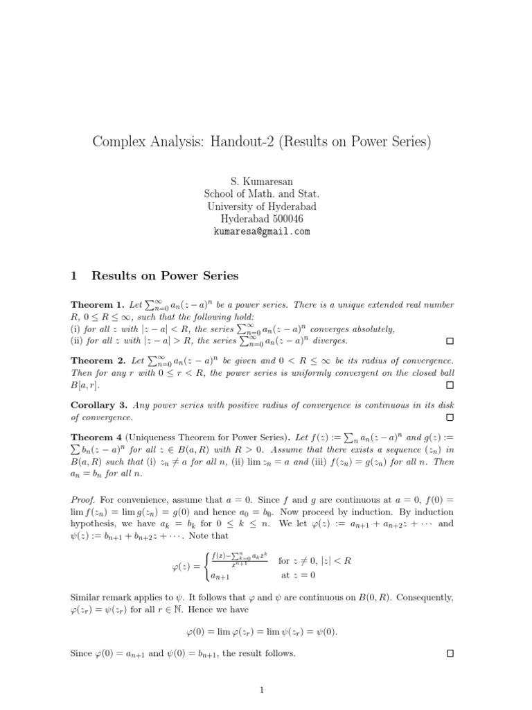 Complex Analysis Handout 2 Results On Power Series Pdf Power Series Holomorphic Function