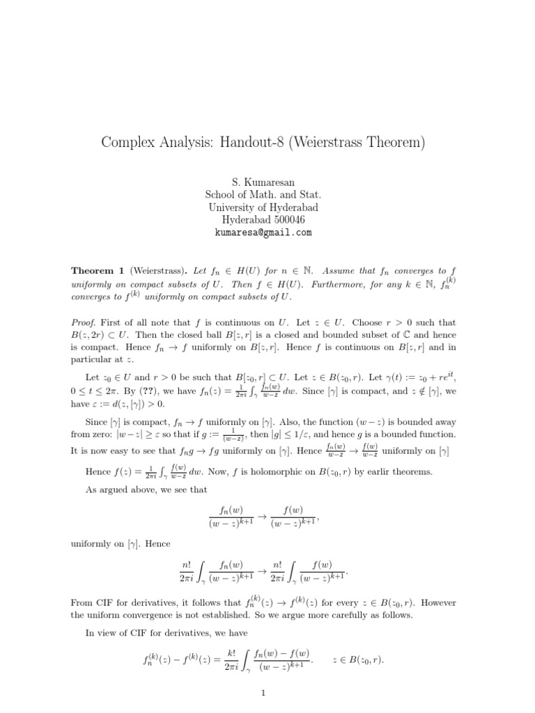 Complex Analysis Handout 8 Weierstrass Theorem | PDF | Compact Space | Mathematical Analysis