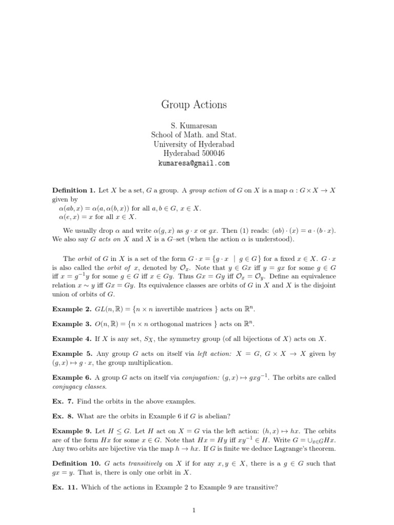 Group Actions: S. Kumaresan School of Math. and Stat. University of Hyderabad Hyderabad 500046 ...