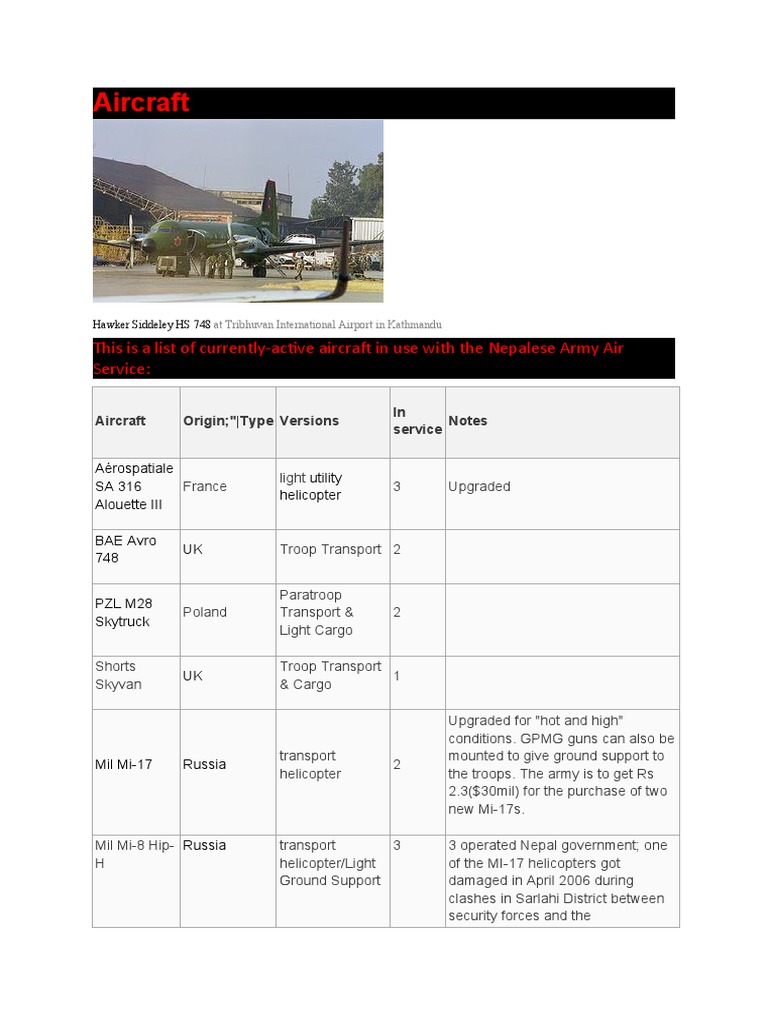 Nepalese Army Air Service Aircraft | PDF | Aviation | Aircraft